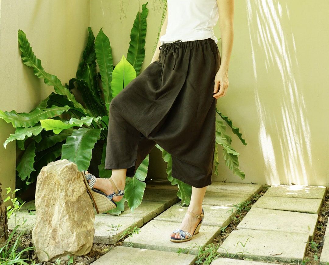 Unisex Funky Hippie Capri Pants Dark Chocolate Brown Linen Low Crotch ...