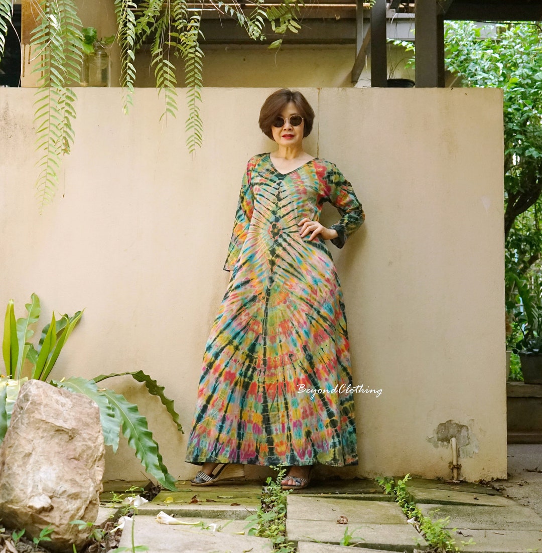 Boho Tie Dye Maxi Dress: V Neck Long Sleeve Cotton Bohemian Dress ...
