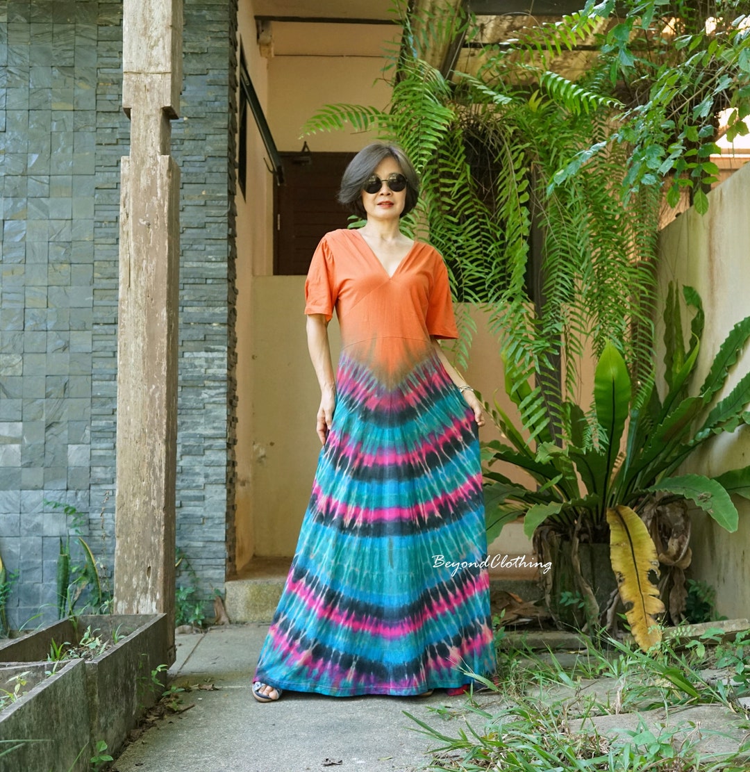 Boho Short Flare Sleeve Deep V Neck Rainbow Tie Dye Maxi Dress, Hippie ...