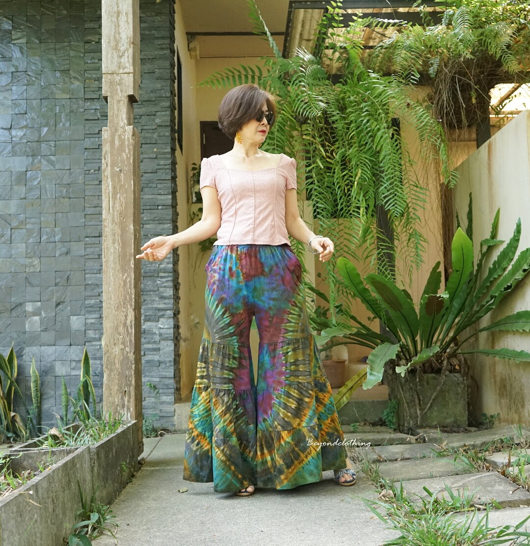 Boho Hippie Wide Leg Tie Dye Pants, Flare Bottom Pants, Ruffle Tiered ...