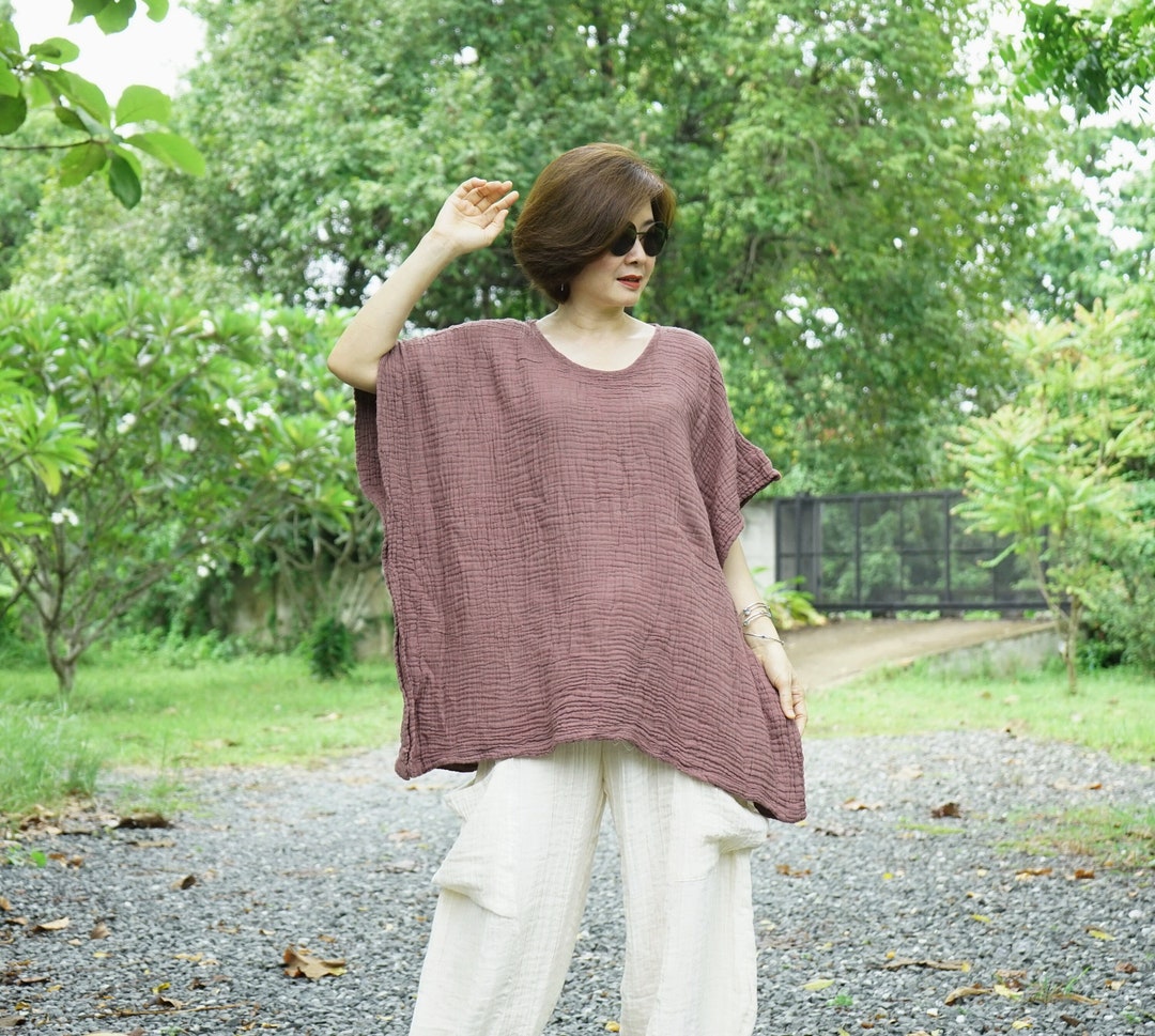 Dark Rose Gauze Cotton Poncho Top Oversize Plus Size Boho Loose Fit ...