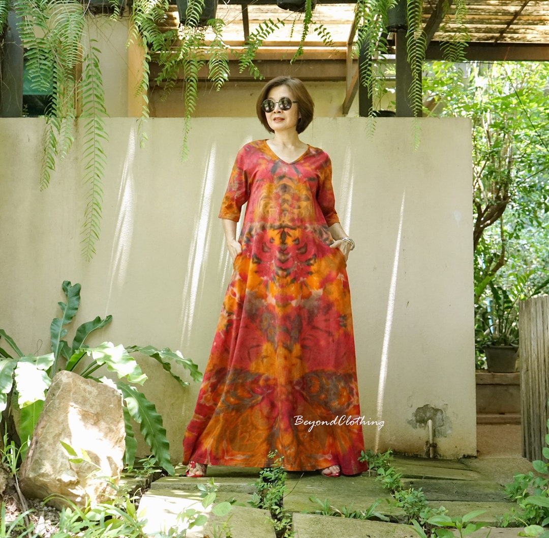 Boho Half Sleeve V Neck Rainbow Tie Dye Maxi Dress, Festival Clothing ...