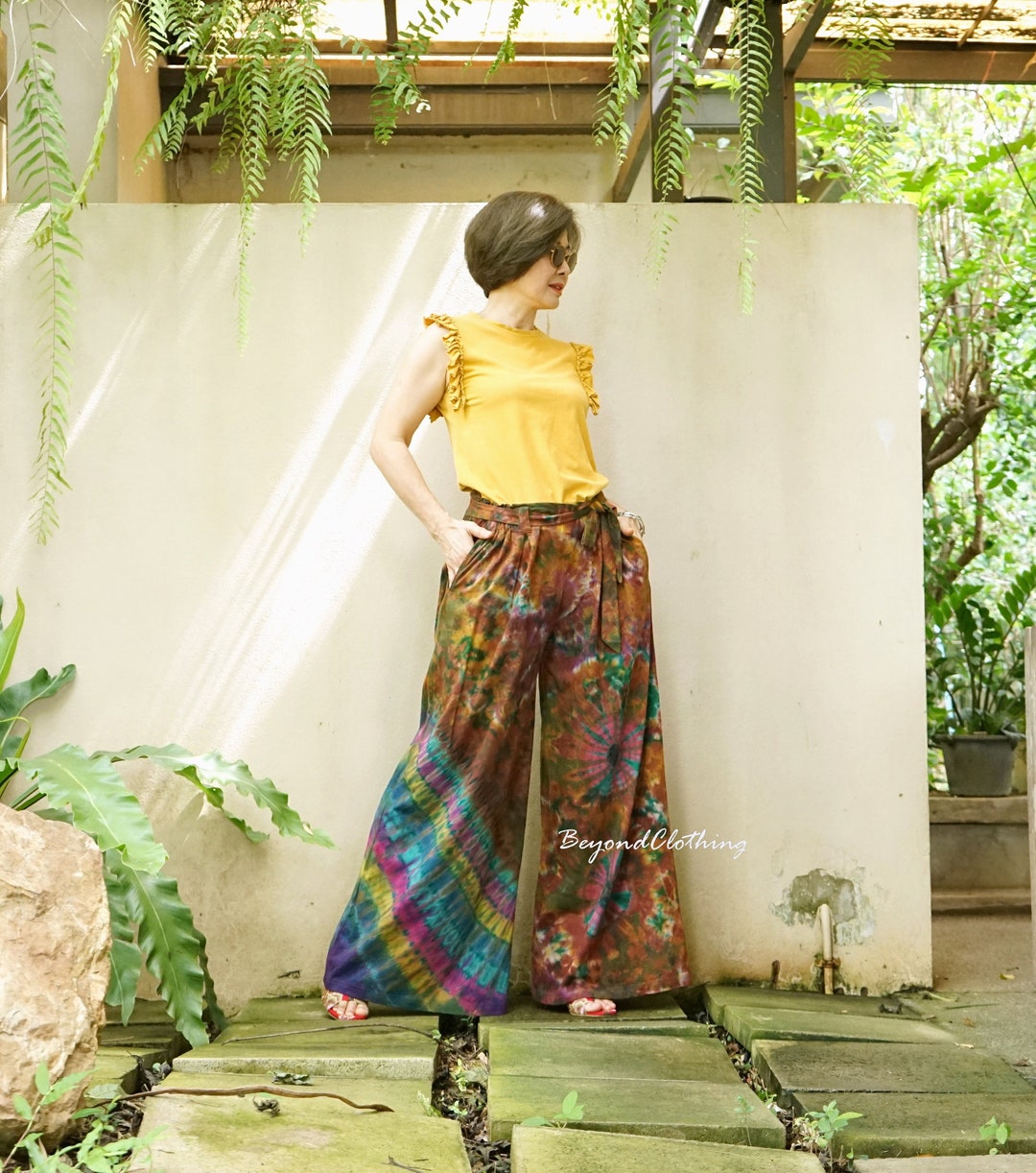 Plus Size Tie Dye Palazzo Pants, Tie Dye Wide Leg Pants With Sash, Back ...
