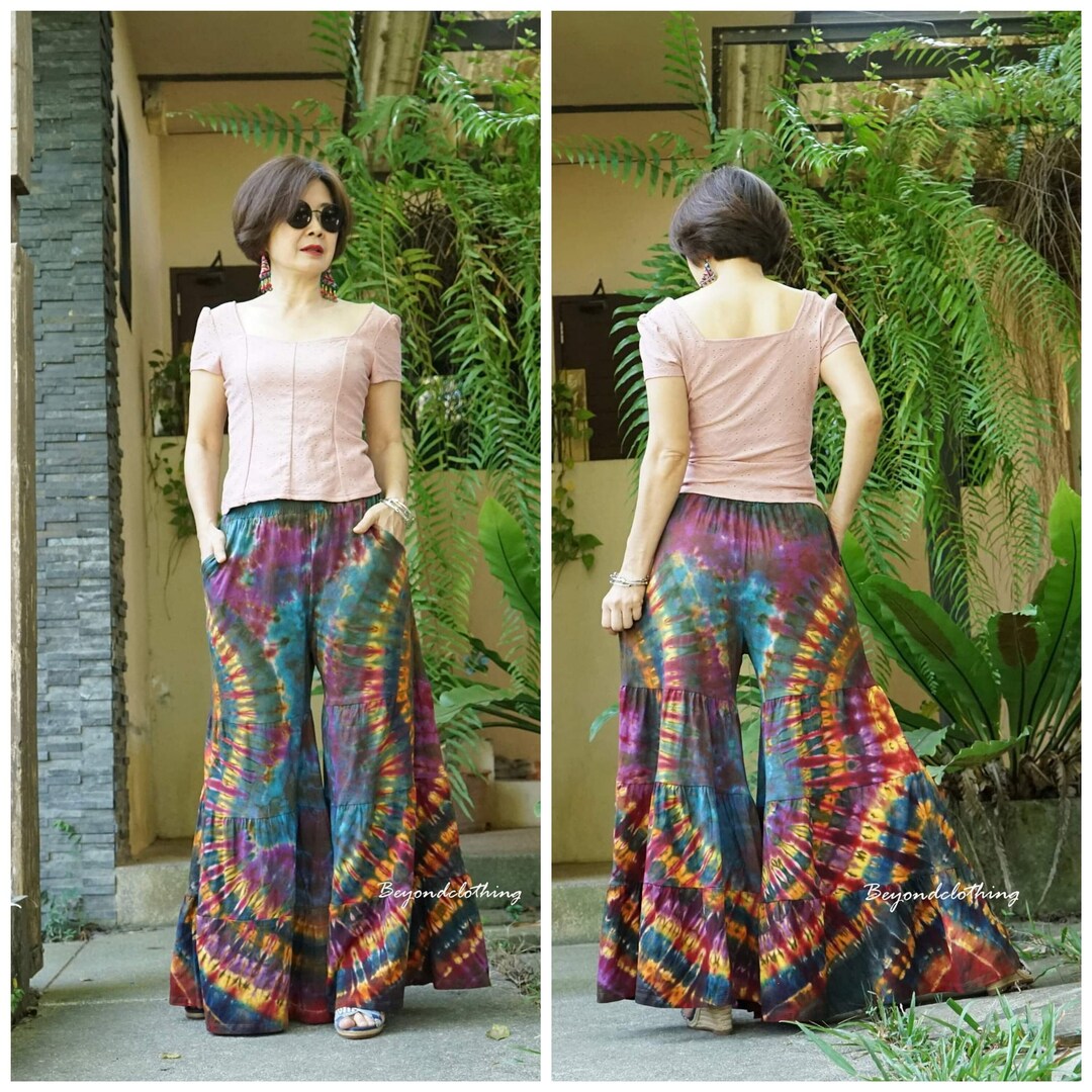 Boho Hippie Wide Leg Tie Dye Pants, Flare Bottom Pants, Ruffle Tiered ...