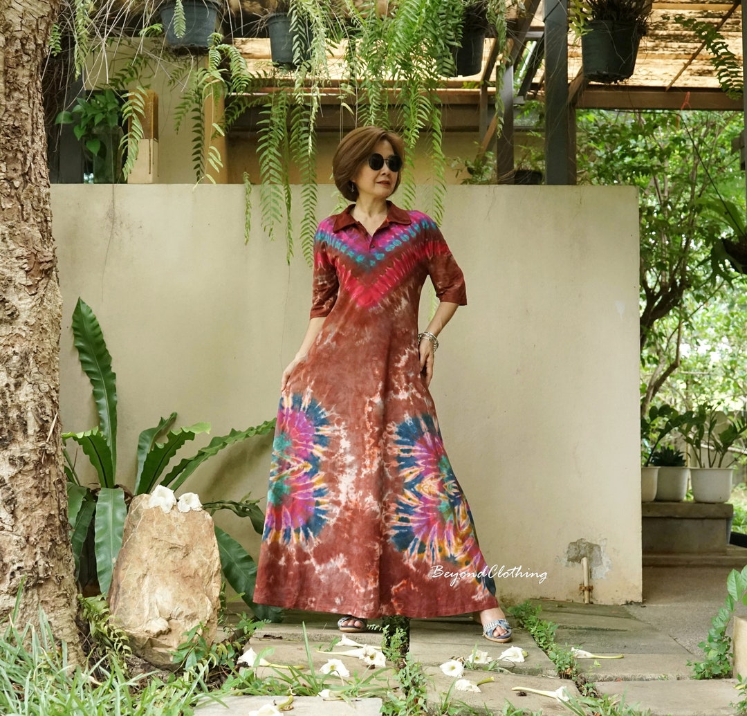 Boho Tie Dye Point Collar Half Sleeve Flare Maxi Dress Hippie Bohemian ...