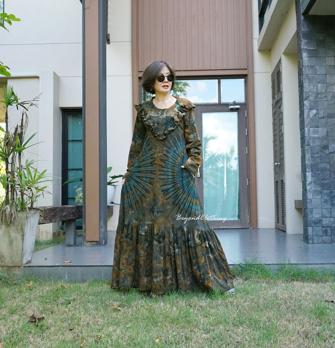 Boho Tie Dye Ruffle Chest Long Sleeve Maxi Dress, Hippie Bohemian Maxi ...