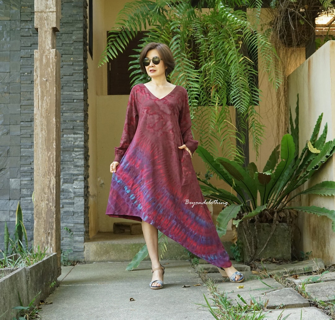 Boho Long Sleeve V Neck Asymmetrical Hem Tie Dye Dress Tunic, Festival ...