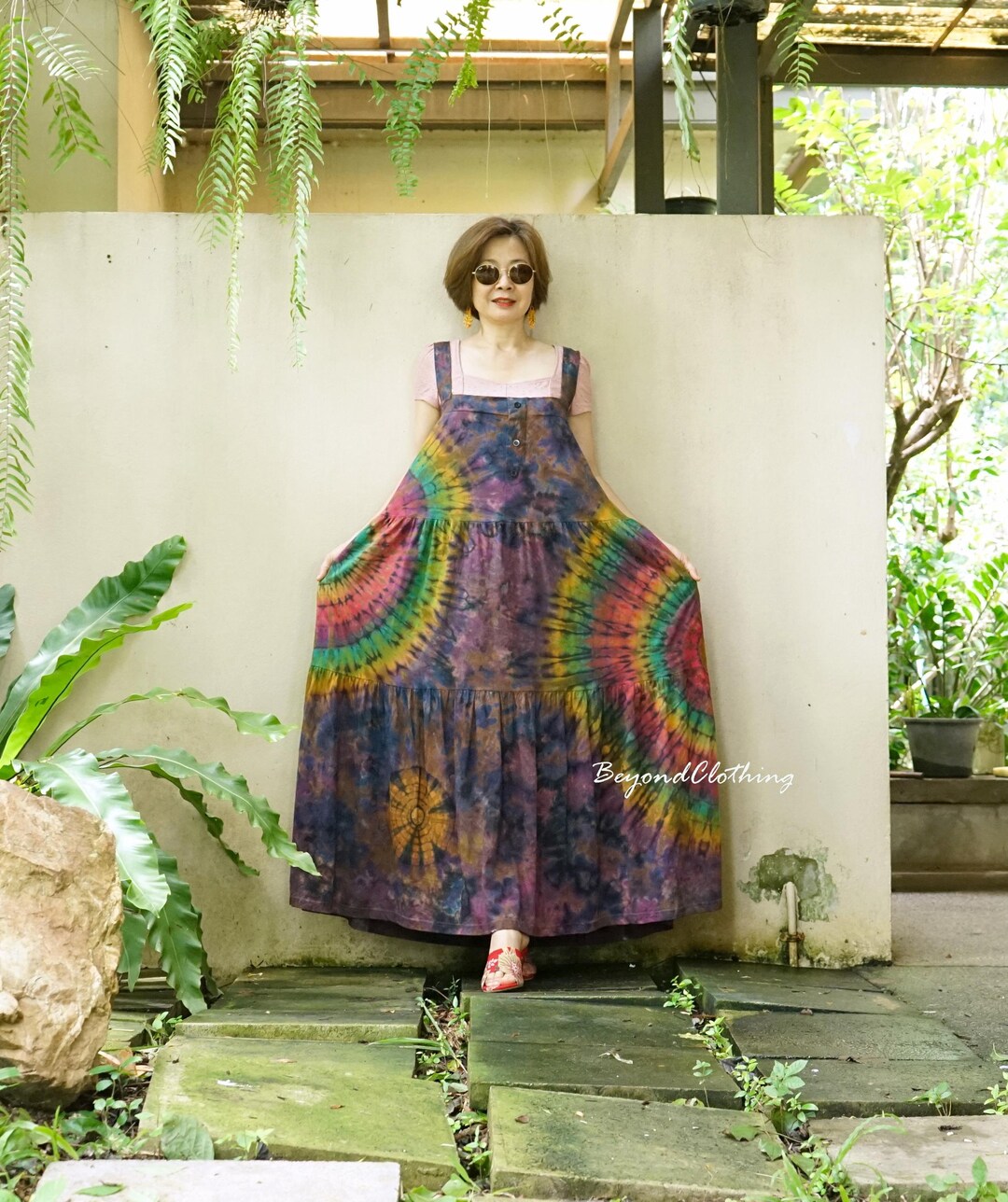 Shoulder Strap Square Neck Tie Dye Cotton Tiered Maxi Dress, Boho Tie ...