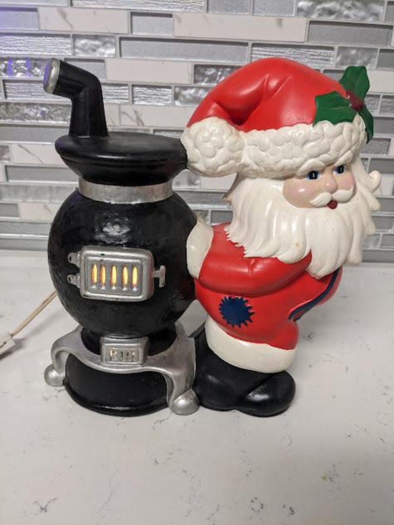 Vintage Ceramic Santa W/ Light up Potbelly Stove Christmas Decoration ...