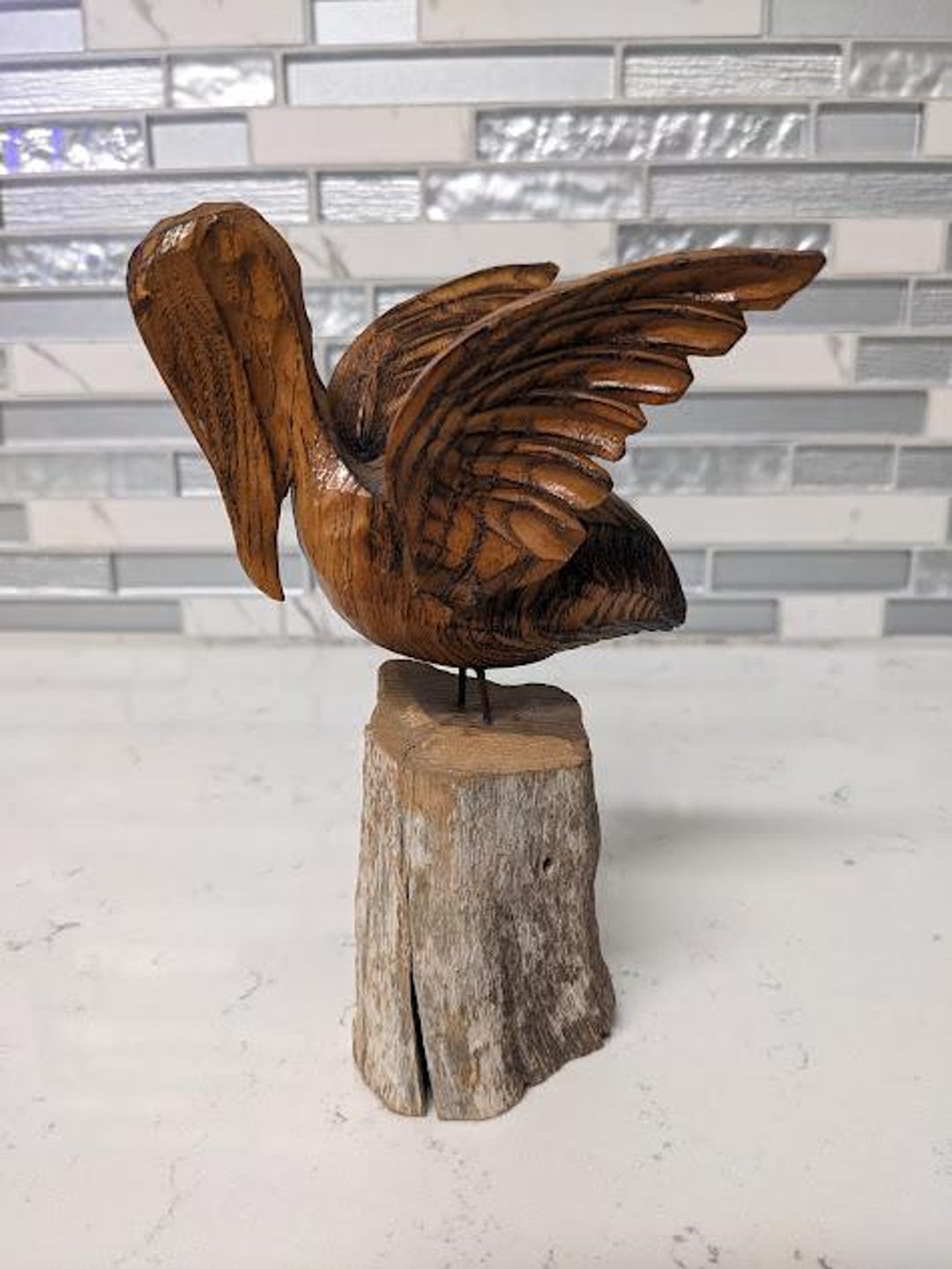 Hand Carved Wooden Pelican Folk Art Sculpture on Wood Pylon Base 7 ...