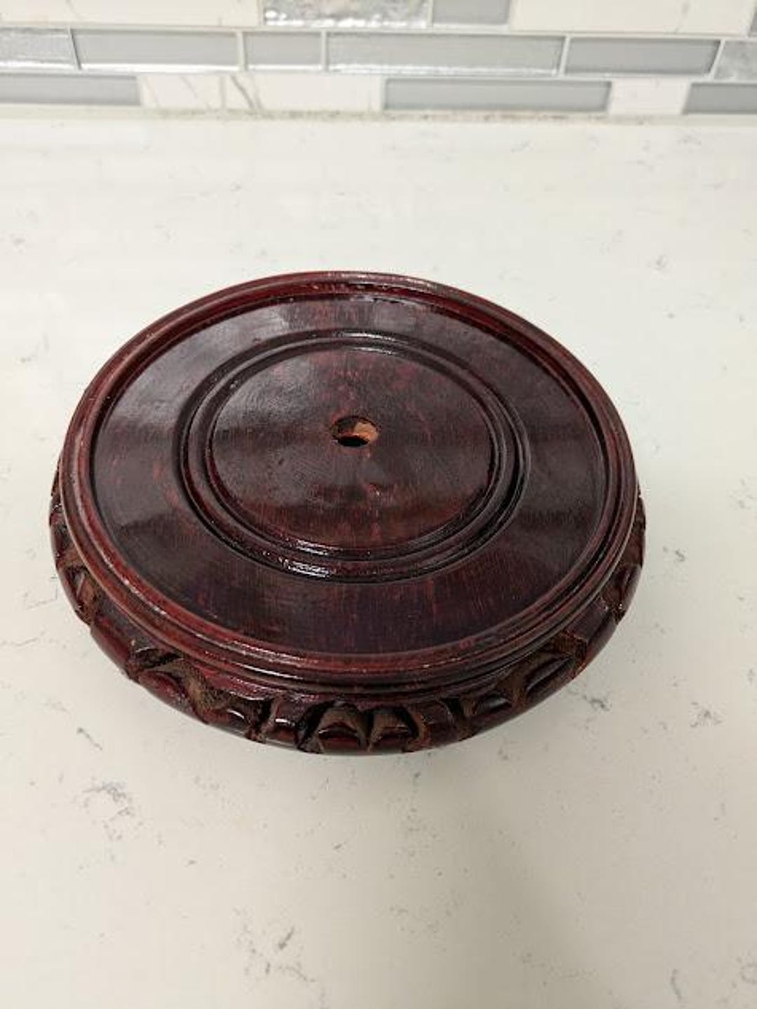 Asian Carved Detailed Pedestal Stand Vase Display Hardwood Riser 7.25 ...