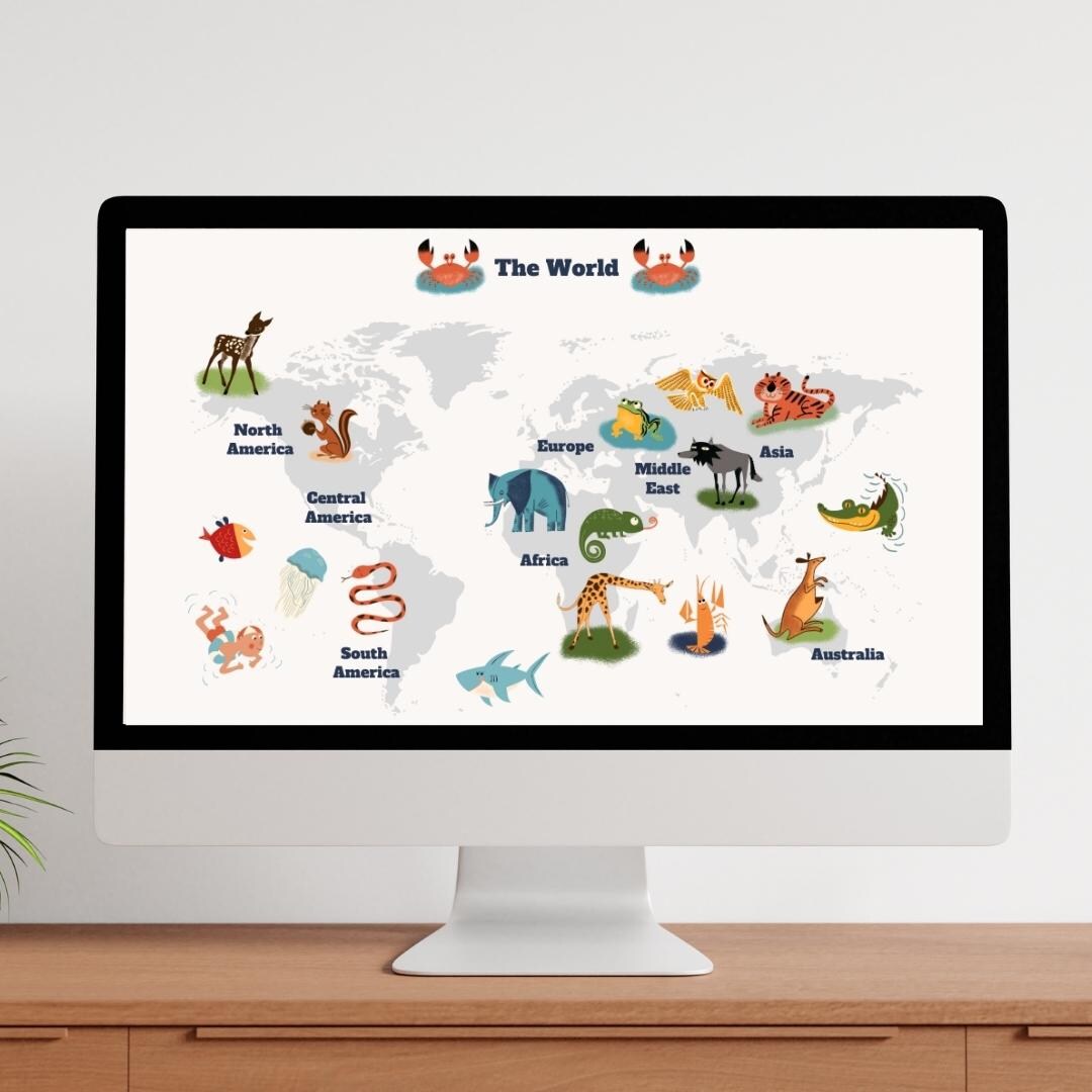 Illustrative World Map Poster: Fun Animal Art for Kids (digital ...