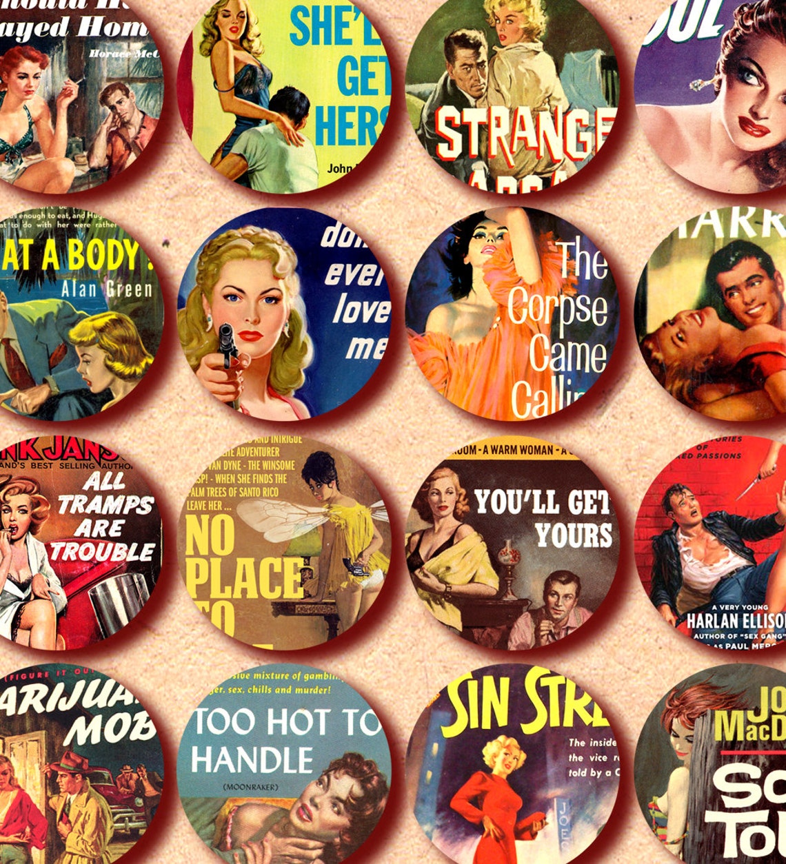 Pulp Fiction Detective Novel 1.5 Inch Circles Sci Fi Digital Collage ...