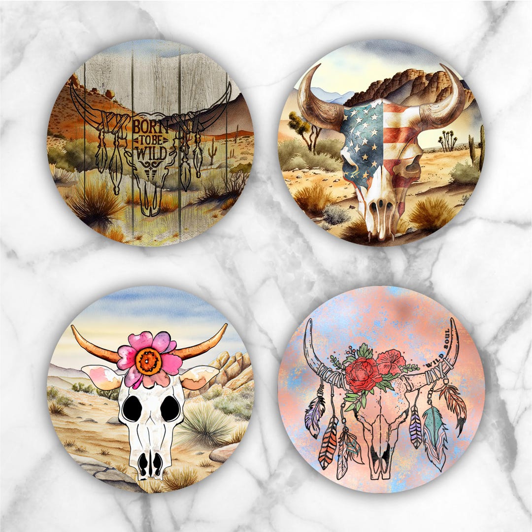 4" Western Horns Coaster Sublimation Transfer Sheet: 4 per Sheet-ready ...