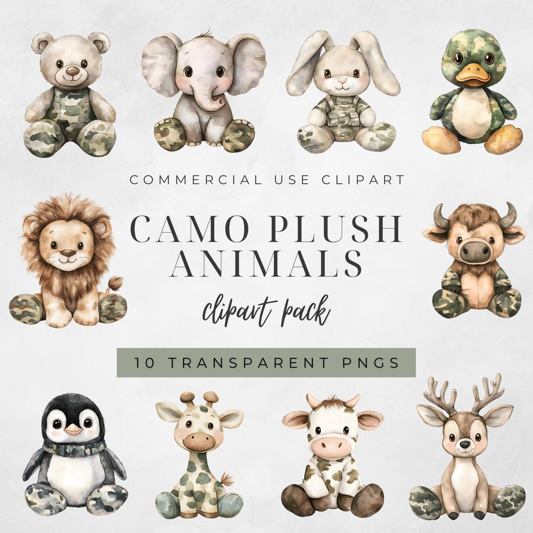 Watercolor Clipart Stuffed Animals | Camo | Plush Animals | for ...