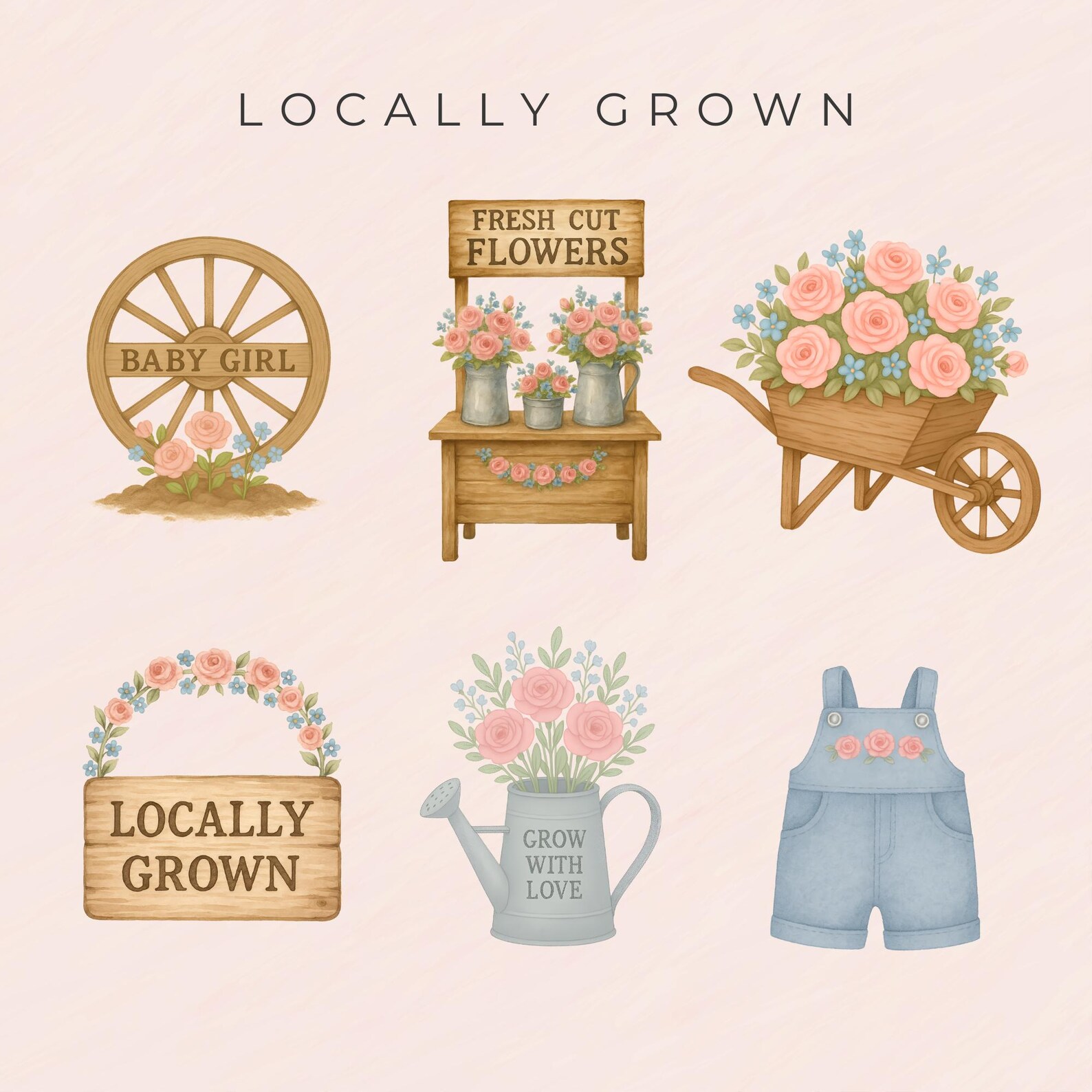 Locally Grown Clipart Set | Pink and Blue Floral PNG | Watercolor ...