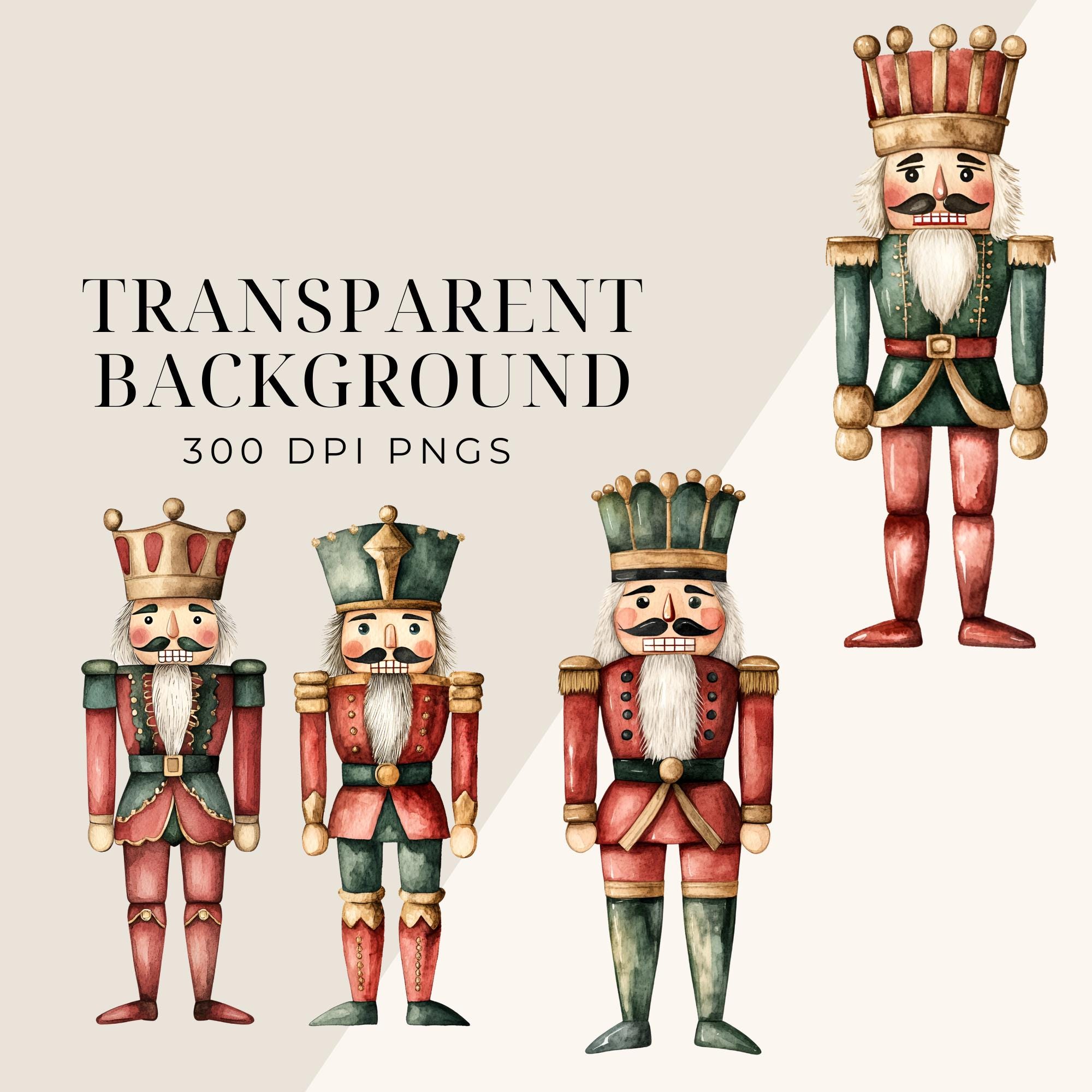 Nutcracker Clipart Set: Soft Neutral, Dark Red & Green Christmas Pngs ...