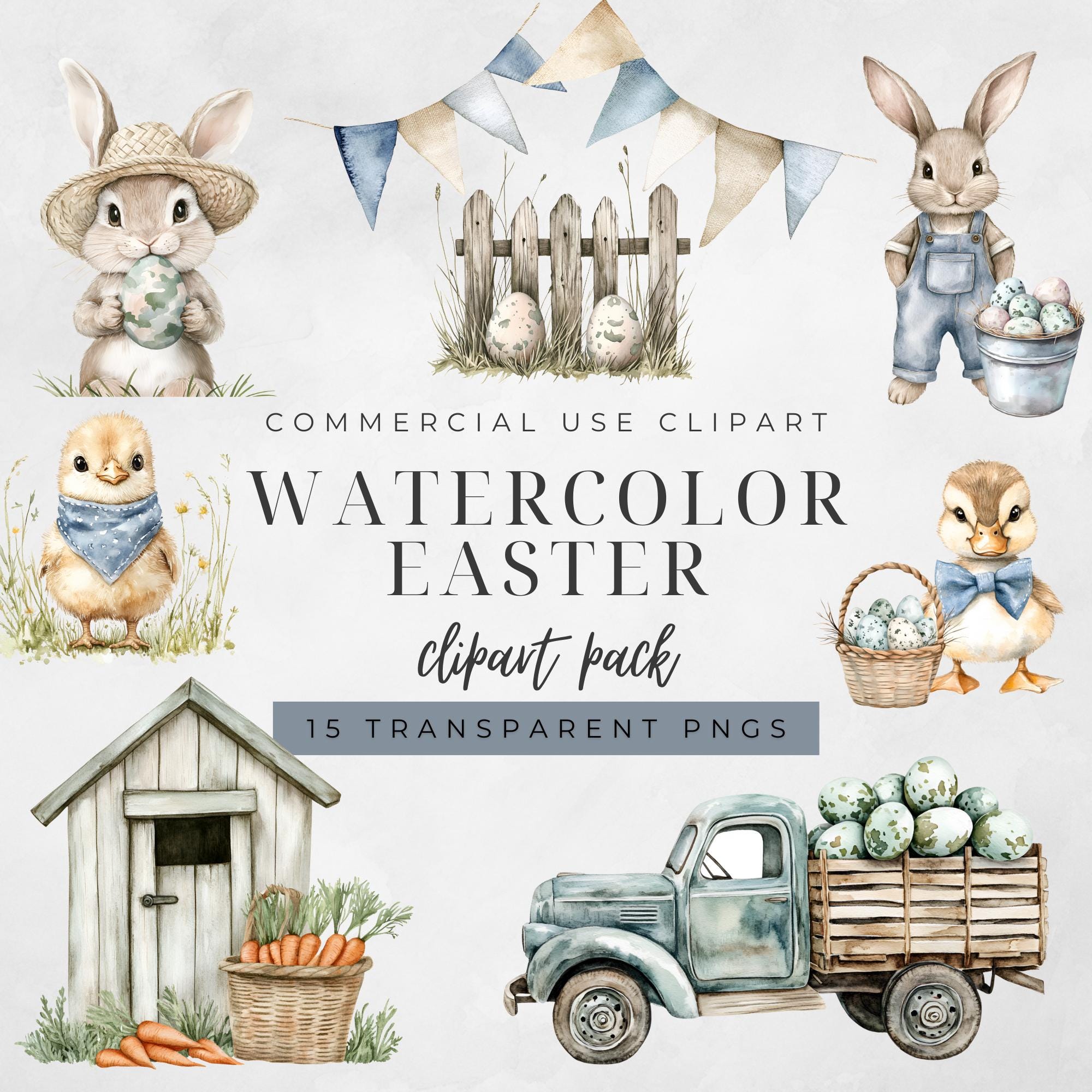 Watercolor Easter Clipart, Easter Bunny Truck Digital Clipart ...