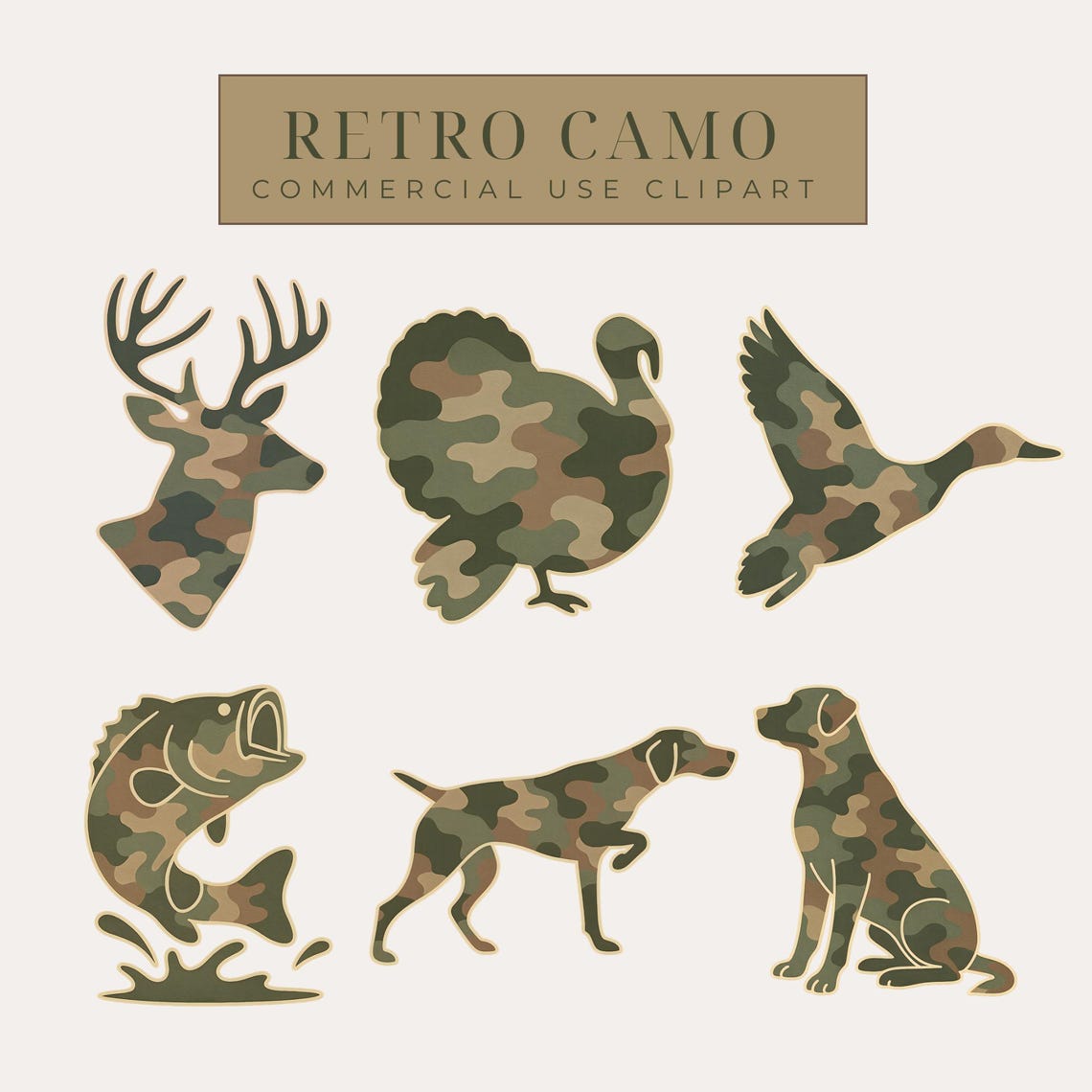 Retro Camo Silhouette Clipart Set | Hunting Pngs | Buck, Turkey, Fish ...