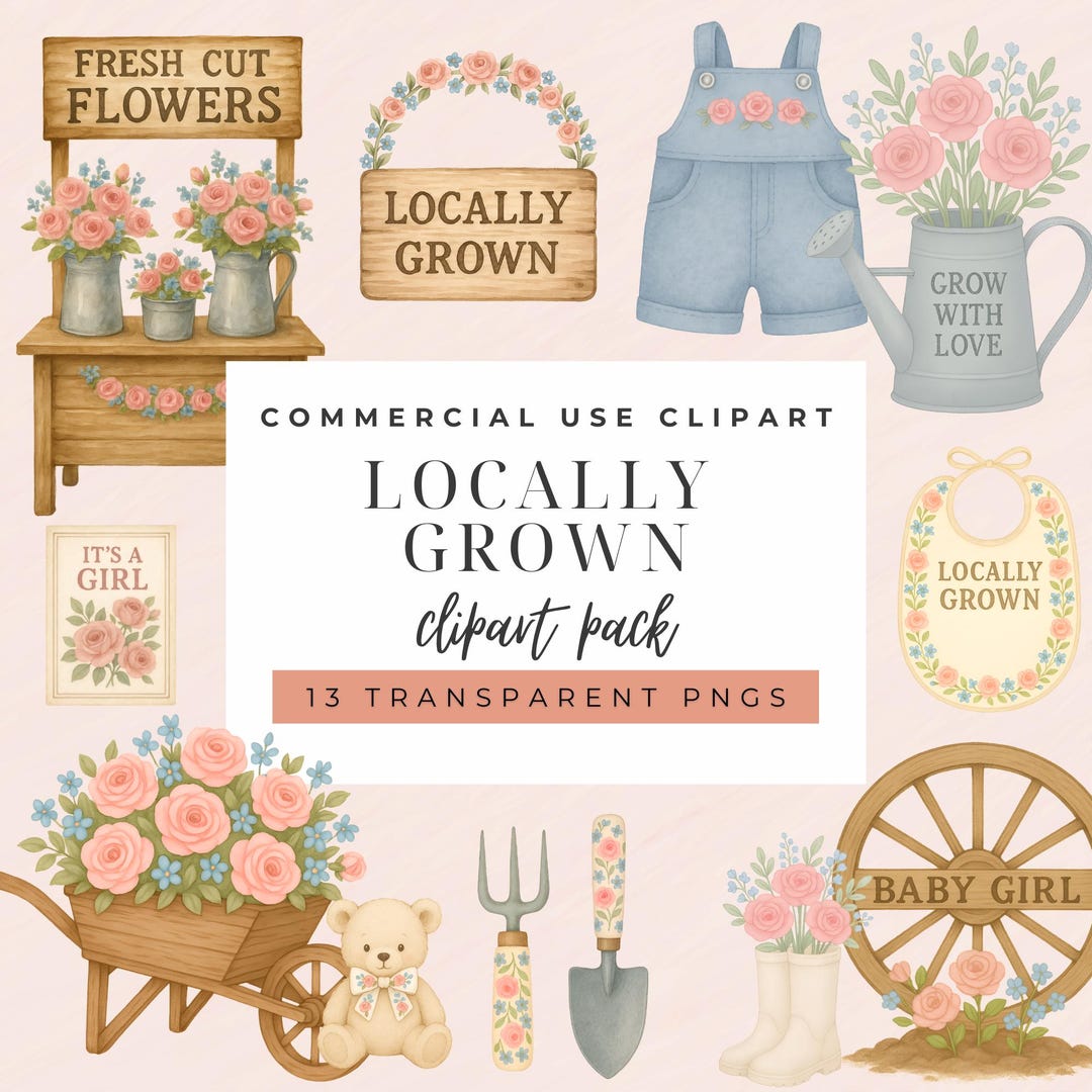 Locally Grown Clipart Set | Pink and Blue Floral PNG | Watercolor ...