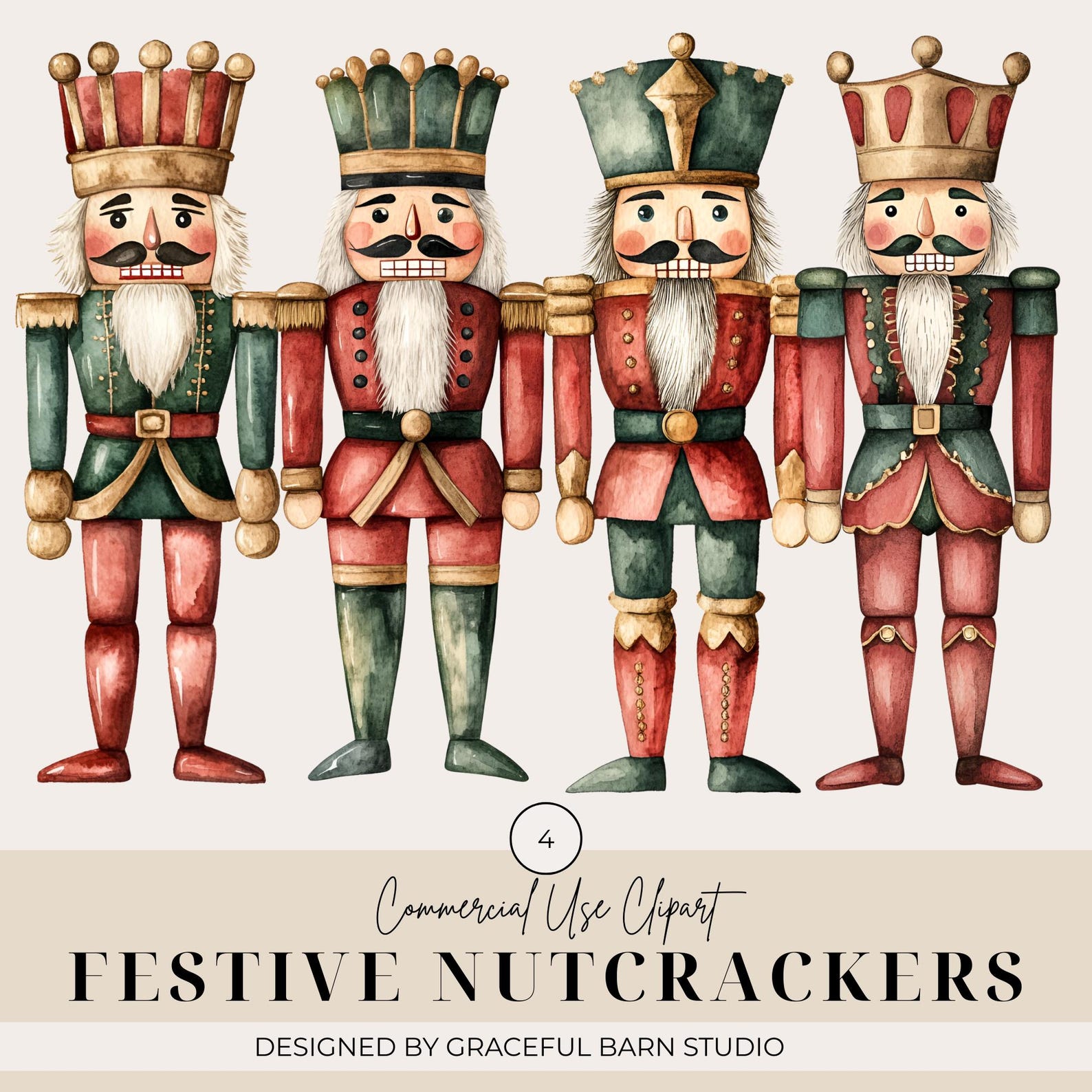 Nutcracker Clipart Set: Soft Neutral, Dark Red & Green Christmas Pngs ...