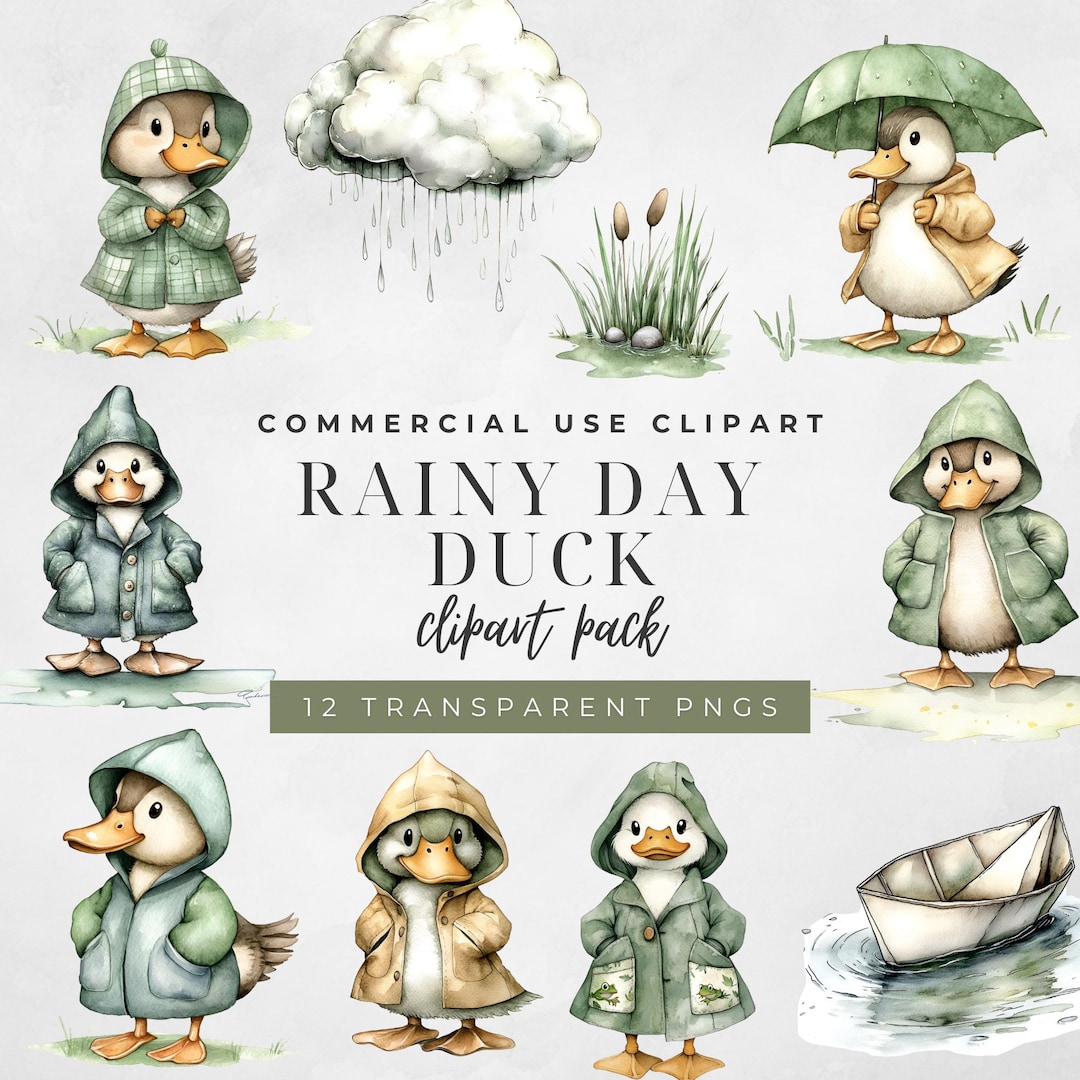 Rainy Day Duck Clipart | Watercolor Ducks With Umbrellas & Raincoats ...