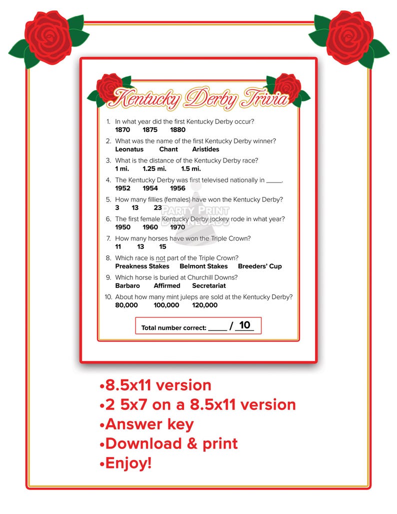 Kentucky Derby Watch Party Trivia Game Instant Printable Digital ...