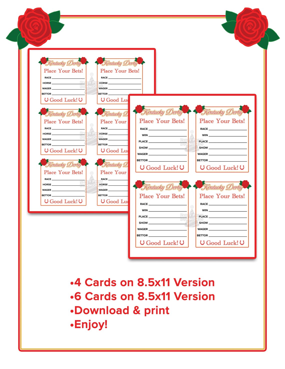 Kentucky Derby Watch Party Betting Cards Game Instant Printable Digital ...