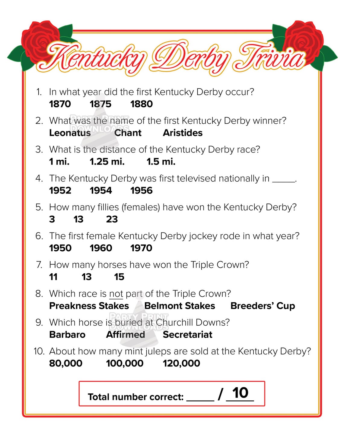 Kentucky Derby Watch Party Trivia Game Instant Printable Digital ...