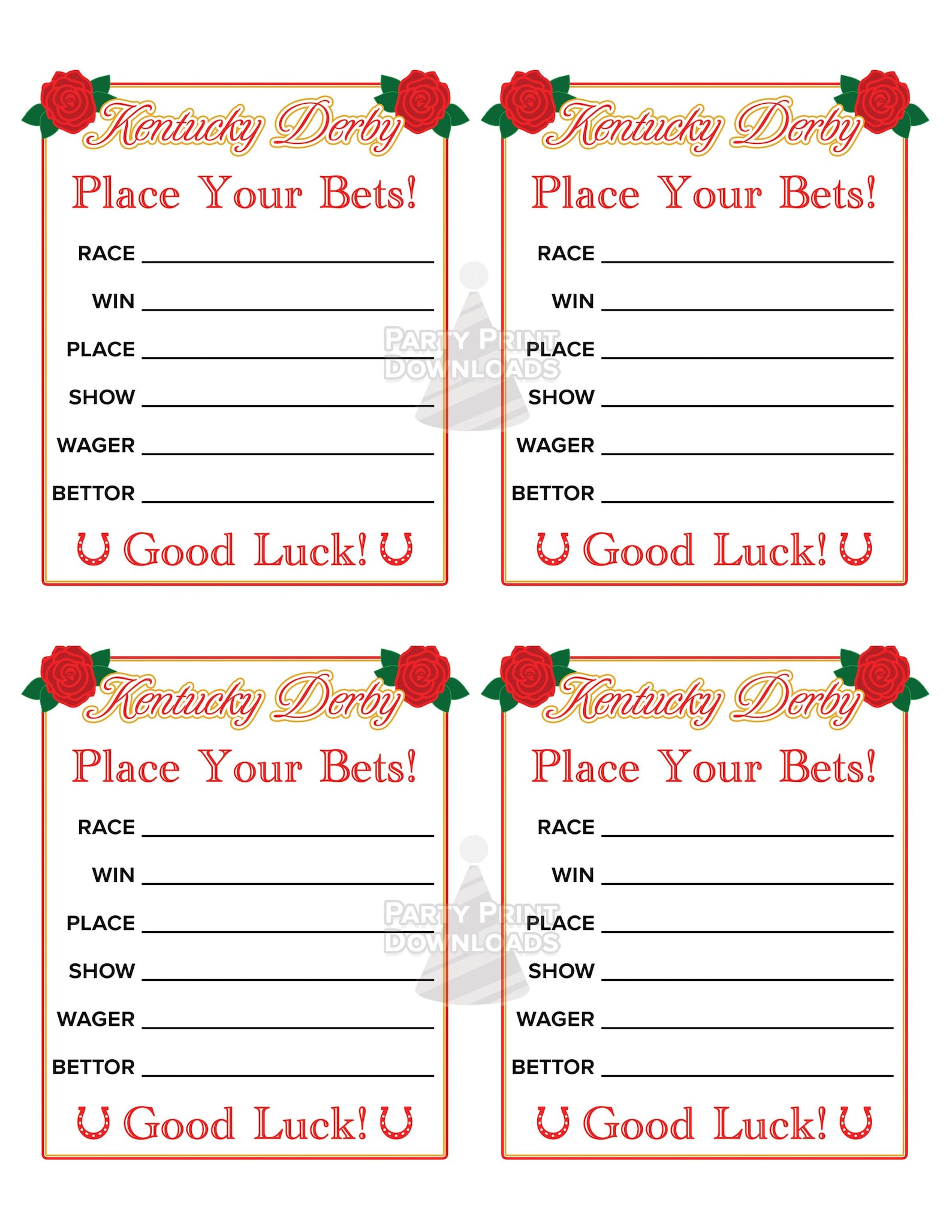 Kentucky Derby Watch Party Betting Cards Game Instant Printable Digital ...