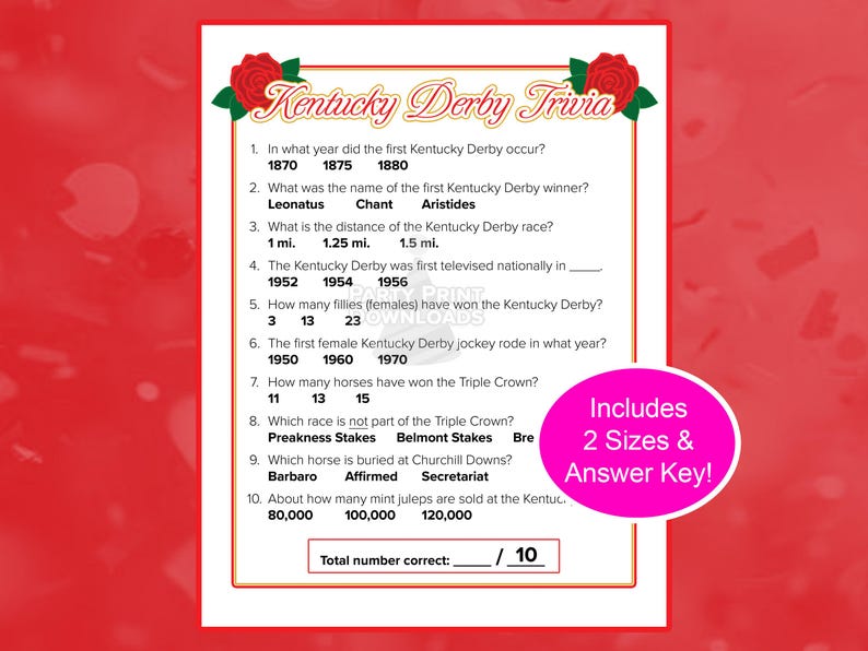 Kentucky Derby Watch Party Trivia Game Instant Printable Digital ...
