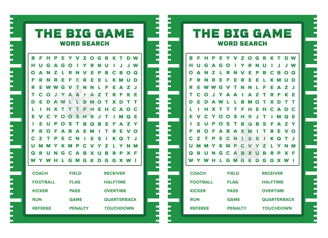 Super Bowl Watch Party Big Game Football Word Search Instant Printable ...