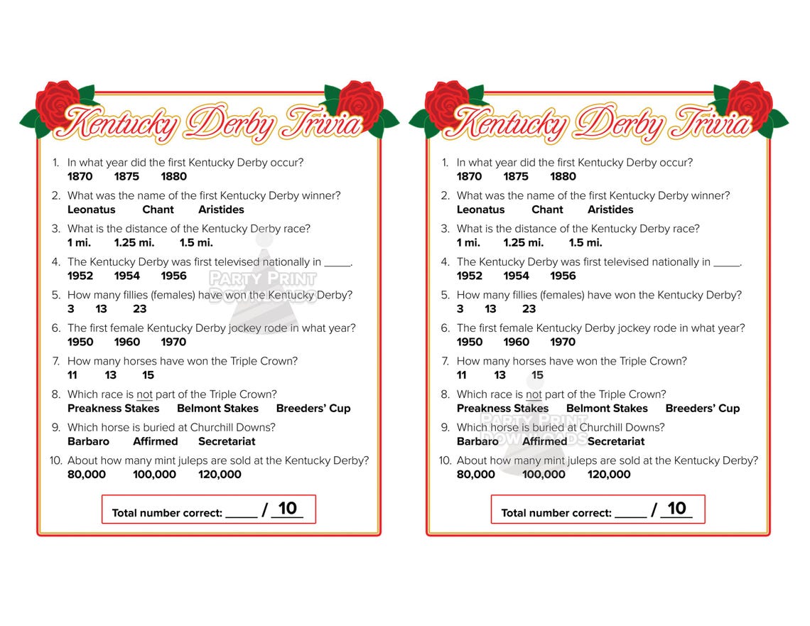 Kentucky Derby Watch Party Trivia Game Instant Printable Digital ...