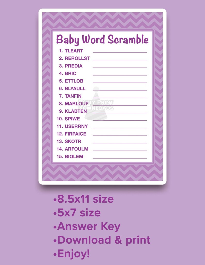 Baby Shower Word Scramble Game Instant Printable Download Gender ...
