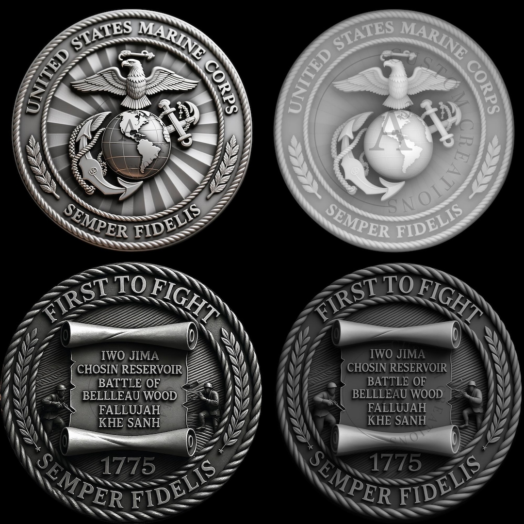 US Marine Corps Challenge Coin Depth Map: Laser Engraving STL (digital ...