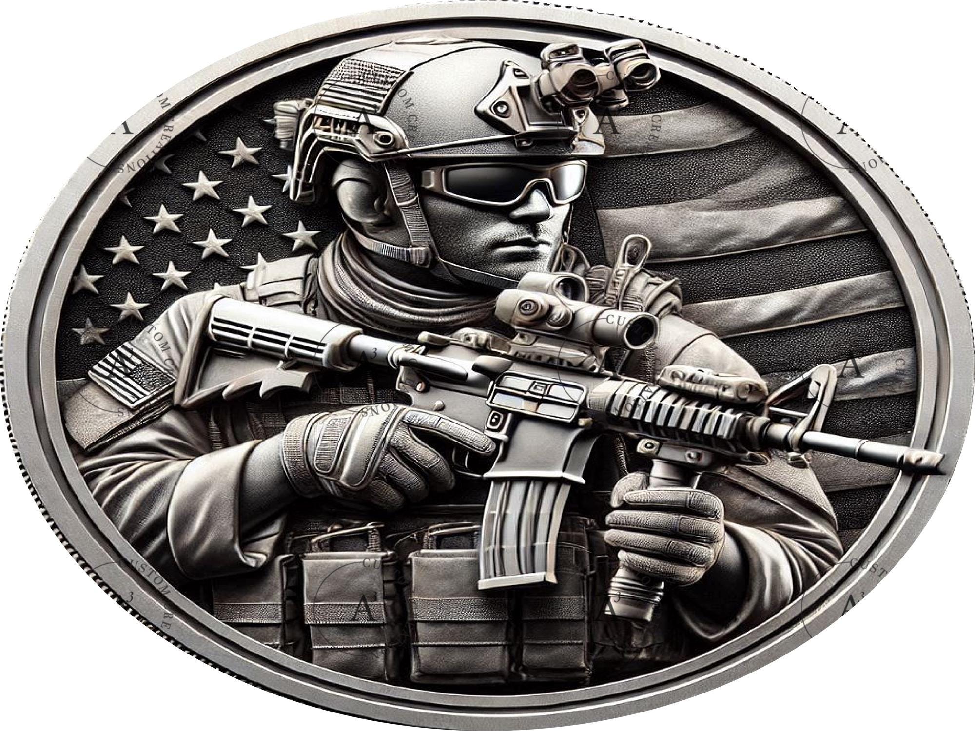 Detailed Grayscale Depth Map of a Soldier, Rifle at the Ready, Flag for ...