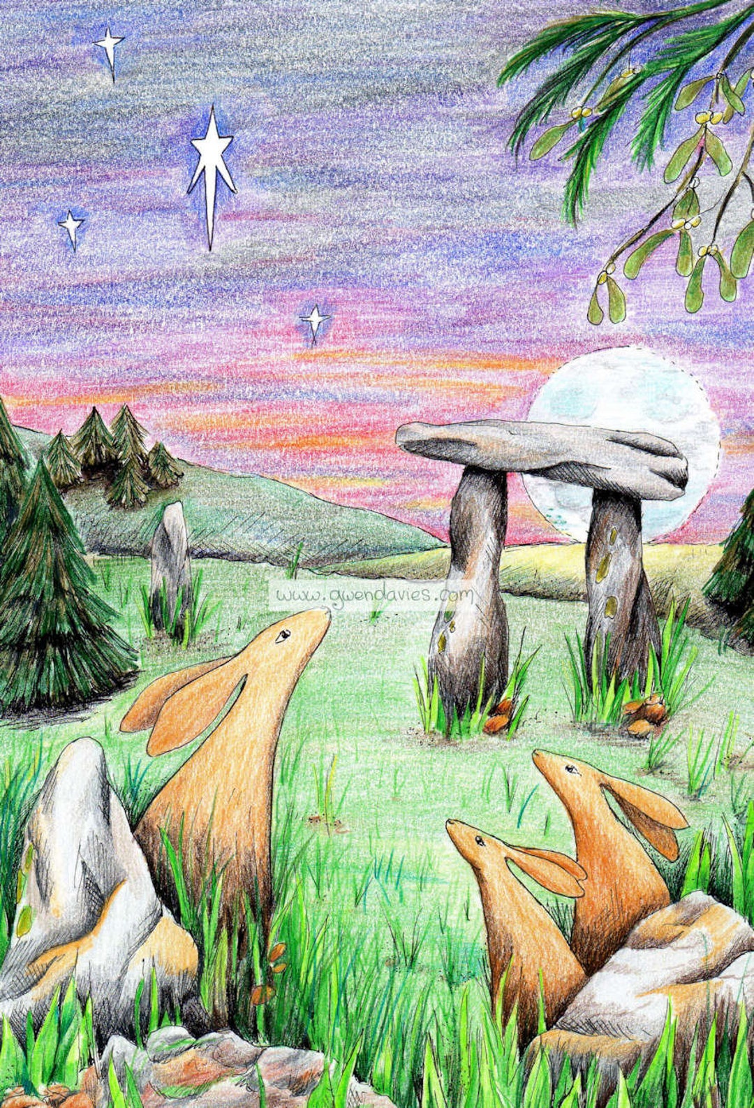 Stargazing Hares at Yule Christmas Card Blank Greetings Card ...