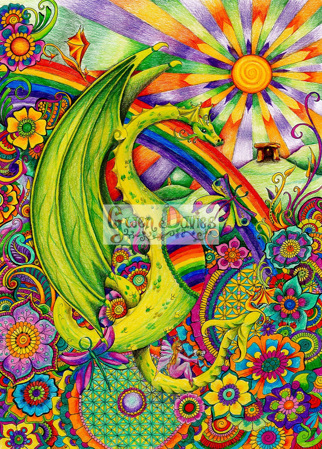 Rainbow Dragon Greetings Birthday Card Drawn in the UK Flowers Pagan ...