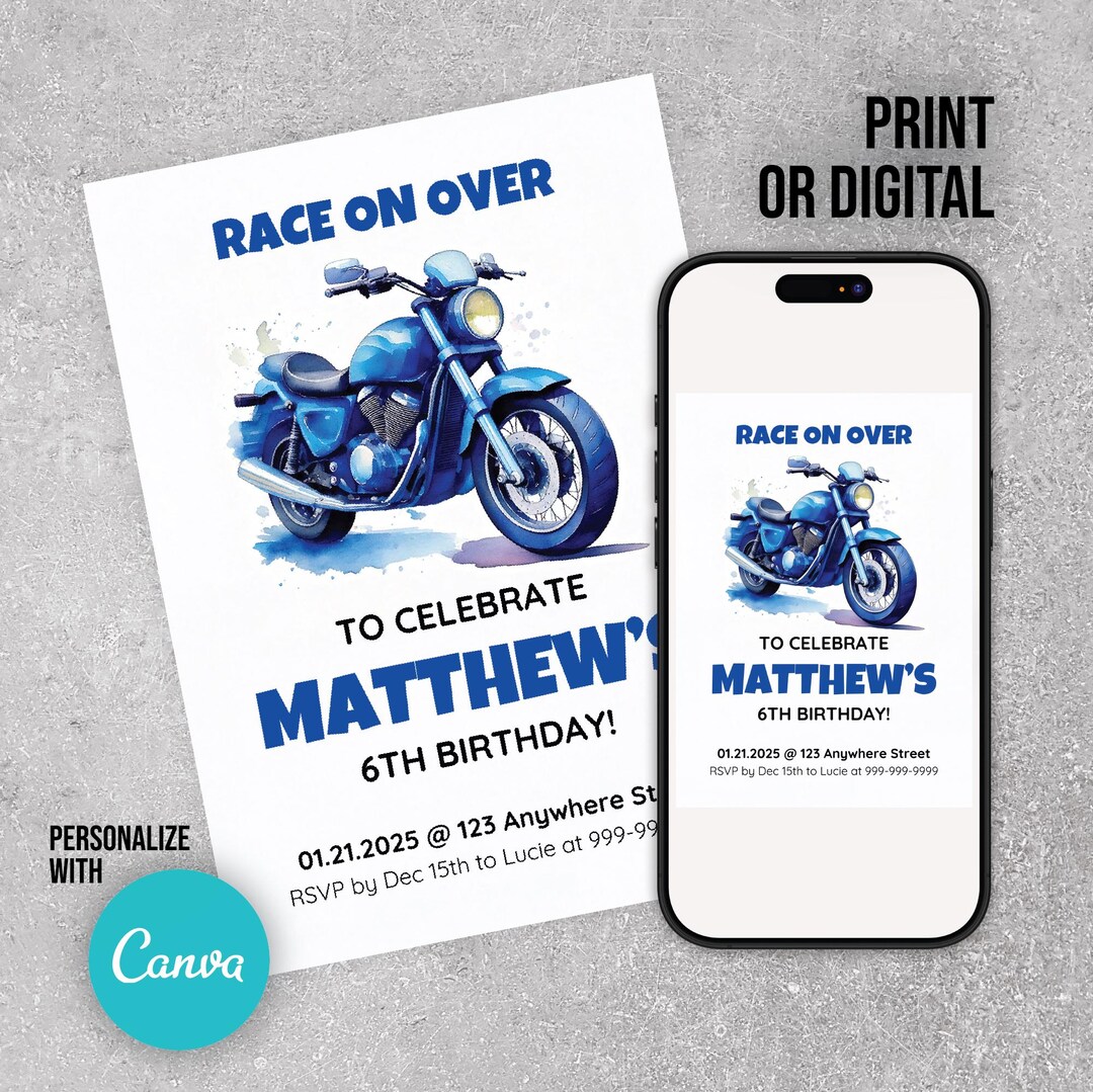 Editable Motorcycle Birthday Invitation, Race on Over Invite, Boy ...