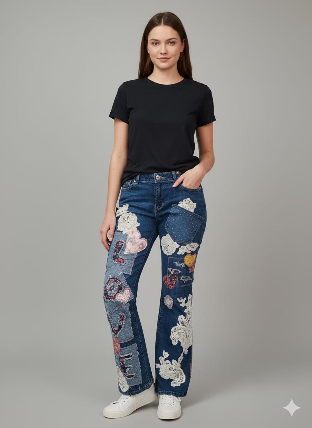 Patchwork Levi's 550 Jeans: Floral Heart Theme, Upcycled Denim Size ...