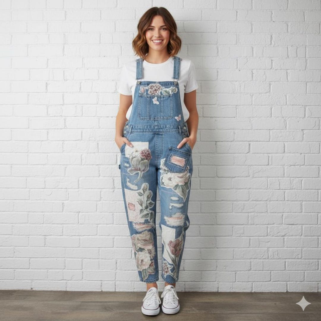 Custom Upcycled Floral Patchwork Denim Overalls Size MD - Etsy