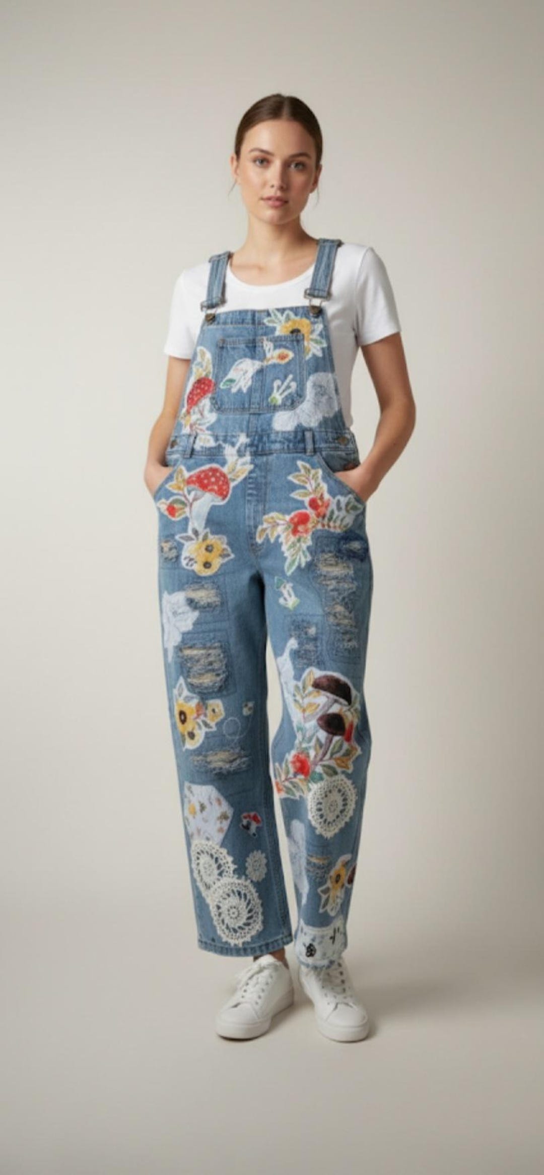 Upcycled and Handcrafted Patchwork Floral & Mushroom Denim Overalls by ...