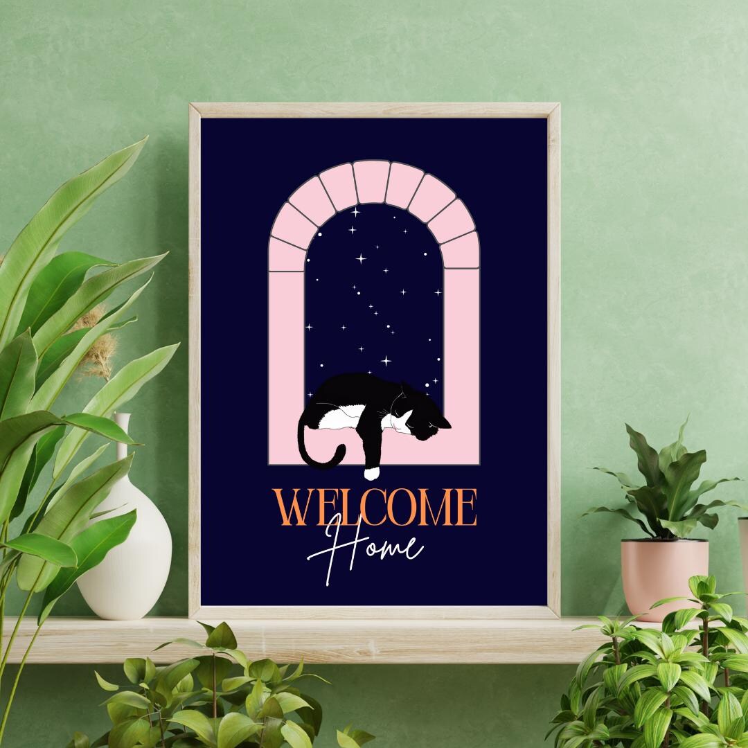 Welcome Home Cat Wall Art Arch Window With Black & White Cat, Starry ...
