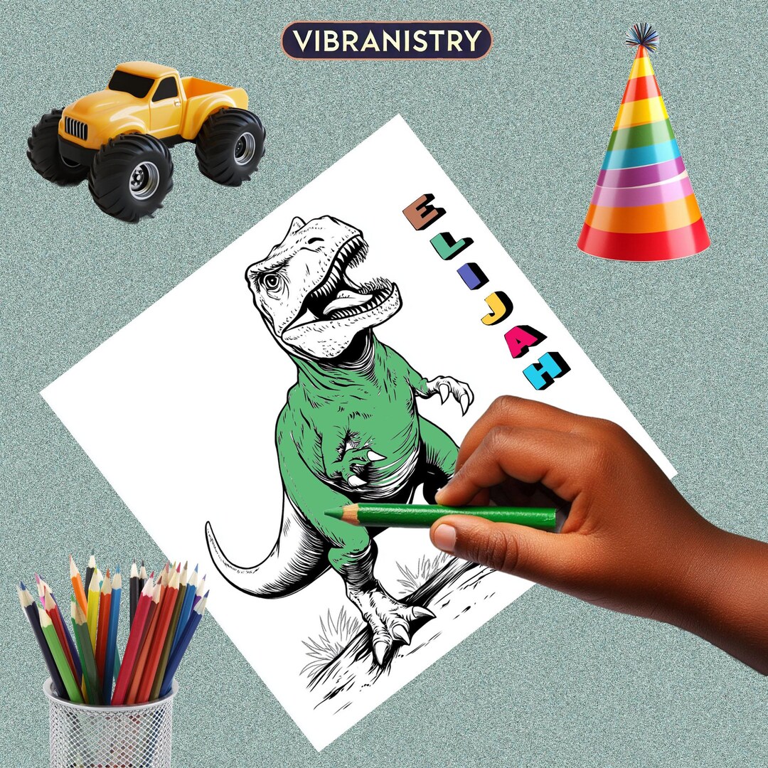 Personalized T-rex Dinosaur Name Coloring Page – Custom Birthday Party ...