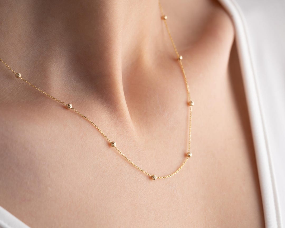14K Solid Gold Bead Station Chain Necklace, Gold Bead Satellite Chain ...