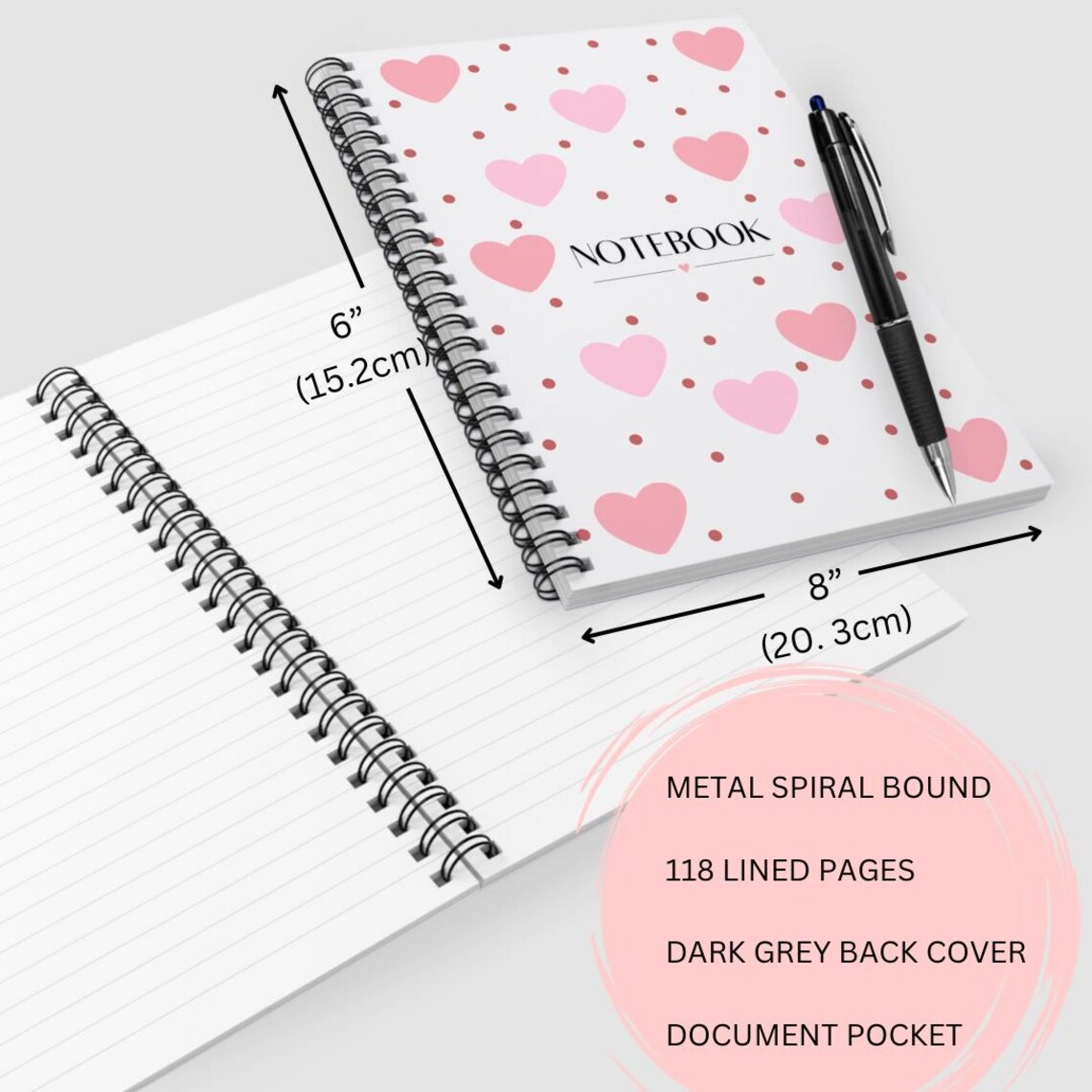 Pink Heart Spiral Notebook | Soft Cover Journal | Hearts | Cute | Gift ...