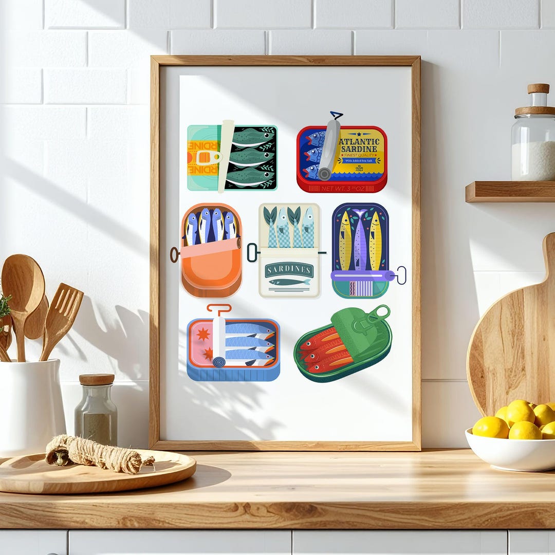 Retro Sardine Tin Art Print, Vintage Fish Can Poster, Kitchen Wall Art ...