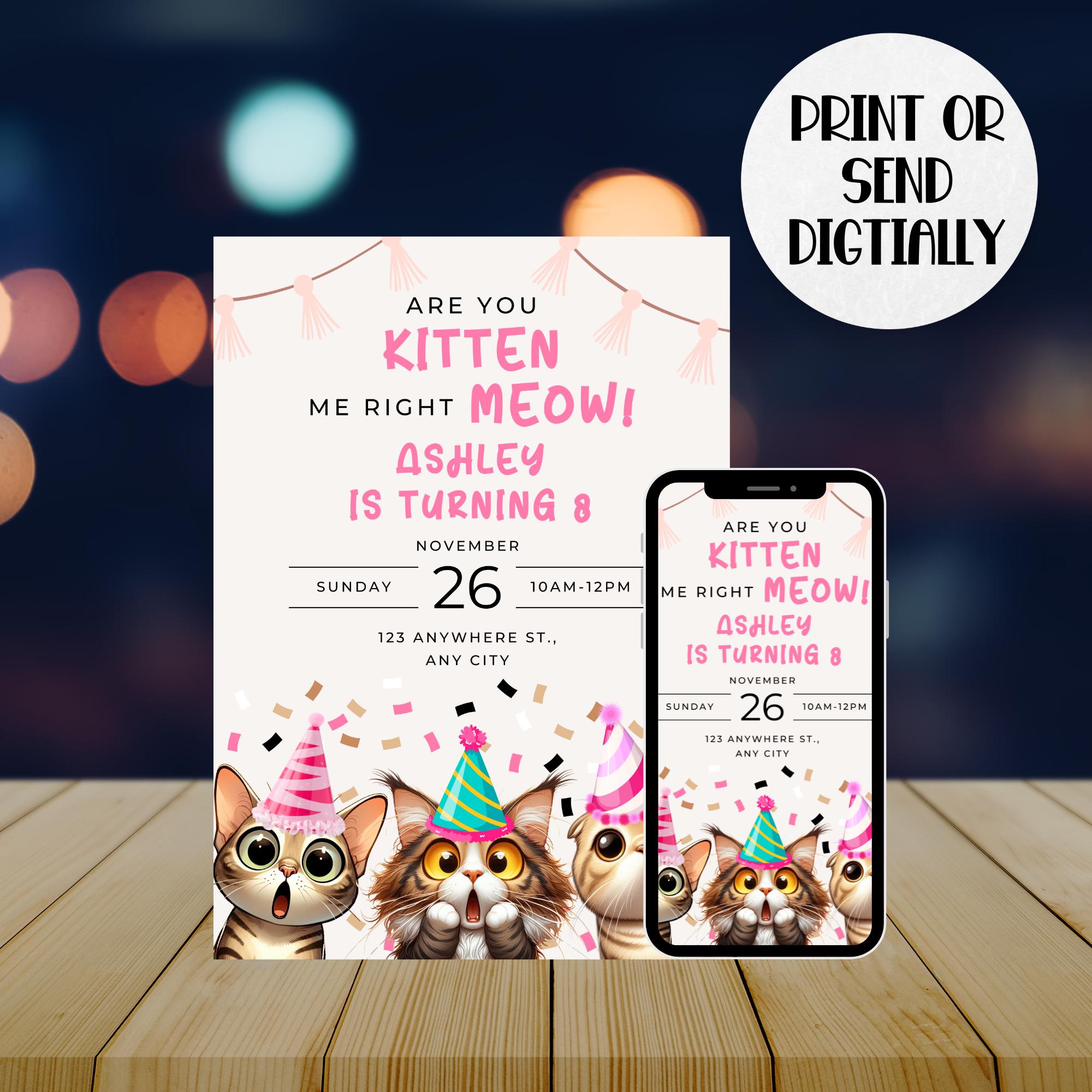 Editable Cat Invitation, Cute Cats Birthday Invite, Kitty Cat Birthday ...