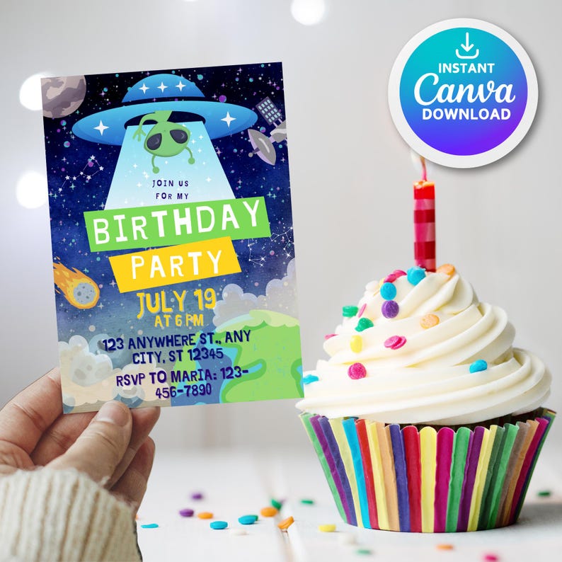 Editable Alien Birthday Party Invitation Kids Space Party Invite UFO ...