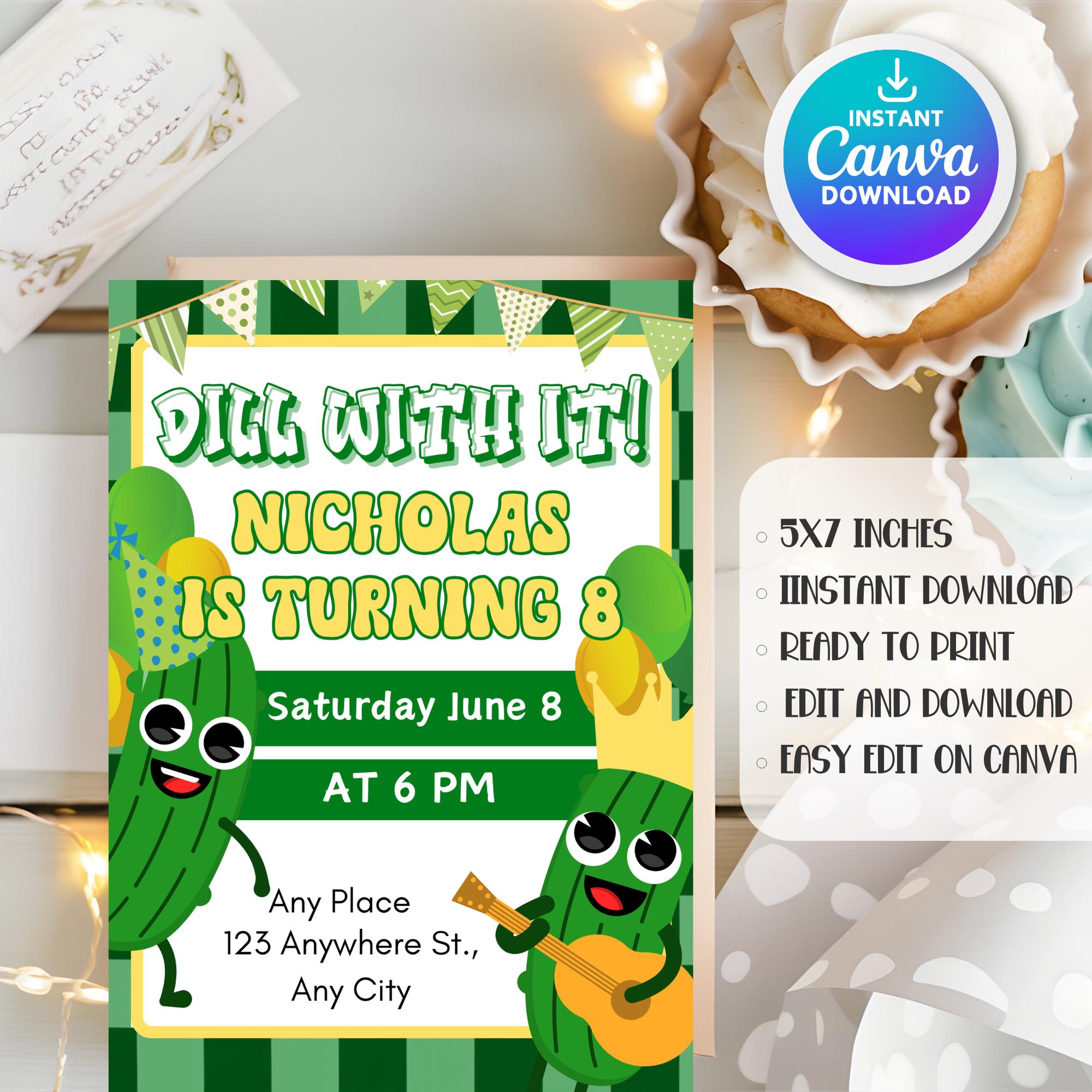 Editable Dill With It Pickle Birthday Party Invitation Template ...